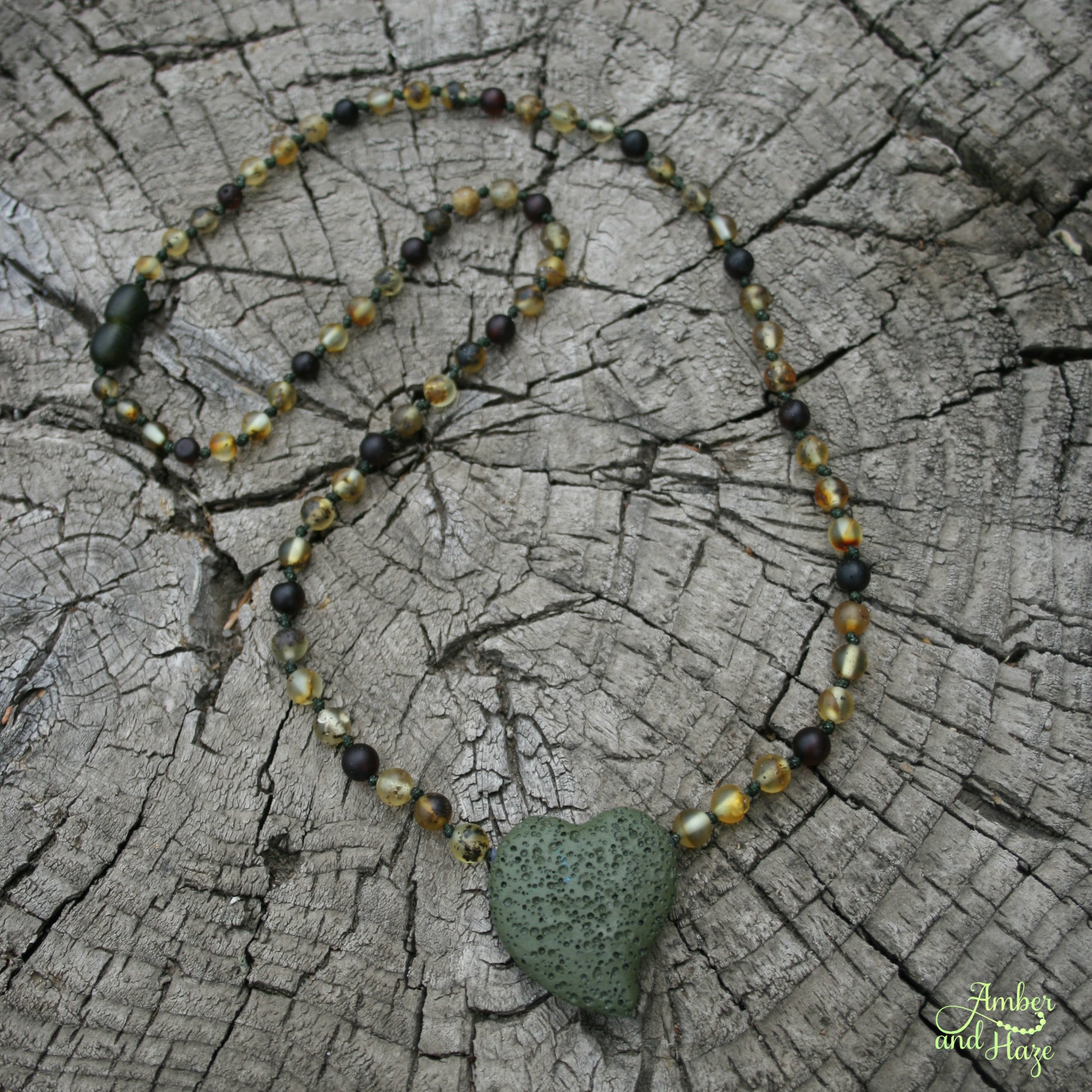 Green Leaf Lavastone Pendant with Unpolished Green and Coffee Amber 22 ...